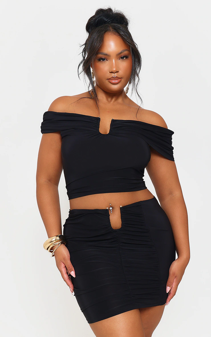 Plus Black Slinky Gold Trim Detail Bardot Top - PLT