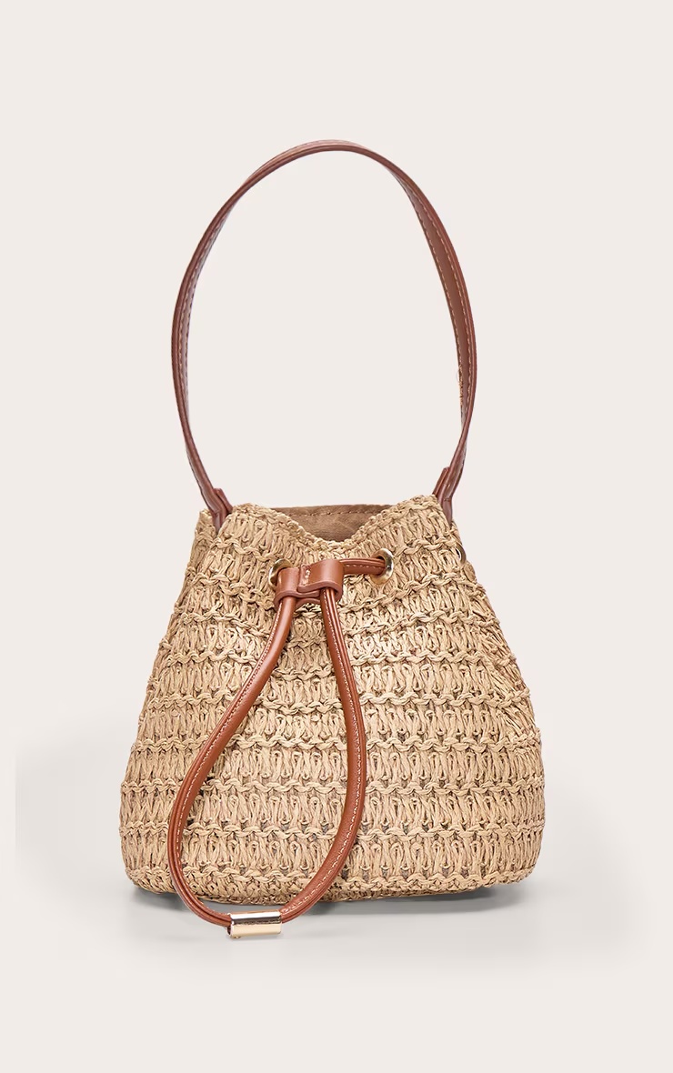 Natural Raffia Mini Drawstring Bucket Beach Bag - Women's Fashion ...