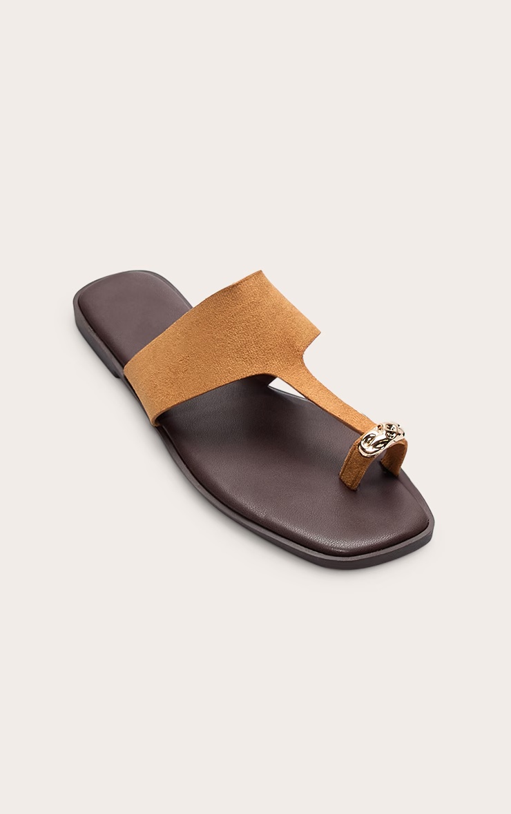 Camel Faux Suede Toe Thong Gold Hardware Sandal - PLT