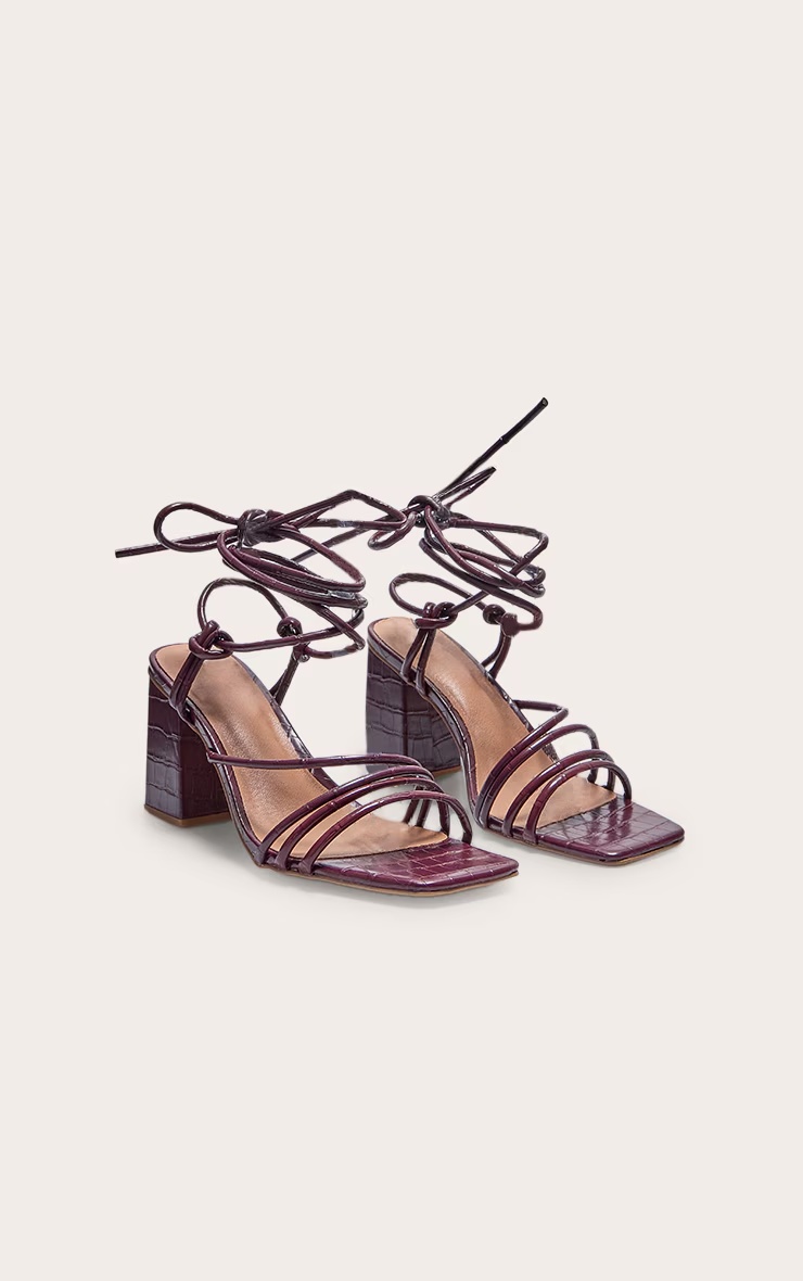 Burgundy Croc PU Square Toe Strappy Low Block Heeled Sandals - Women's ...